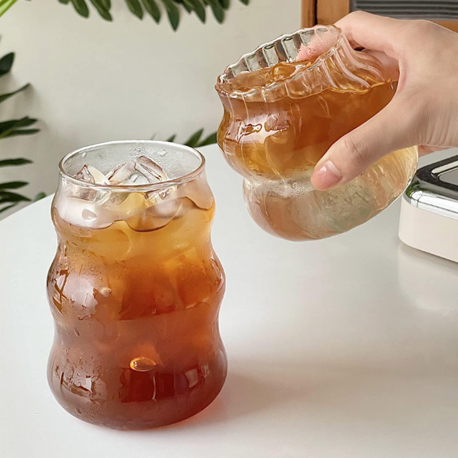 URMAGIC 2 Pcs Vintage Drinking Glasses,18 Oz Ripple Glass Cups,Gourd Shape Iced Coffee Glasses,Wave Shape Glasses,Ribbed Glassware for Juice,Beer,Beverage,Water,Dessert Ice Cream Cups (A)
