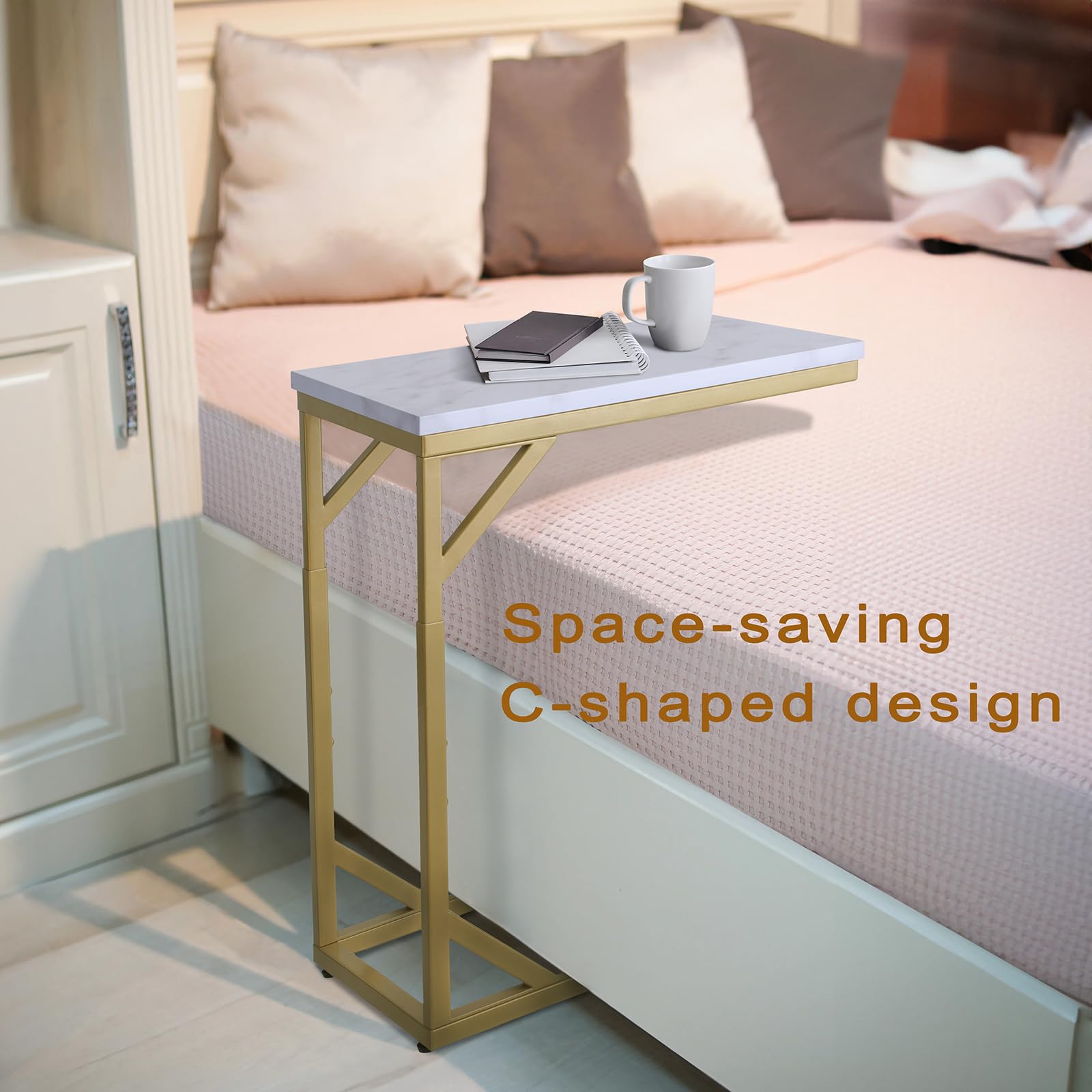 Serteaw C-Shaped End Table, Sturdy Side Table for Couch Sofa Bedside Small Space,C Snack Table TV Tray Record Player Stand Small Tables for Living Room Bedroom,Easy to Assemble,Gold