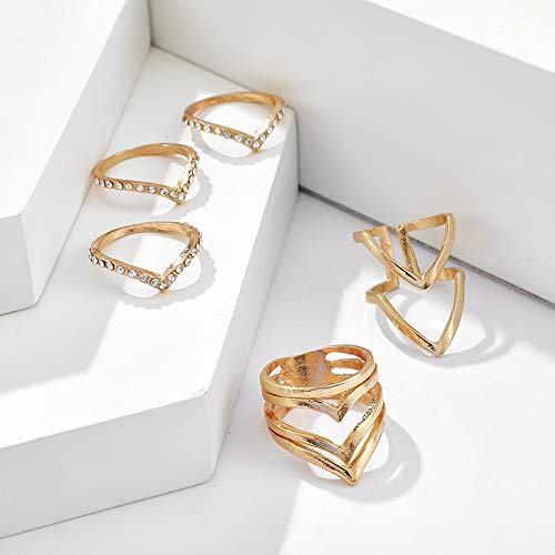 ZZ ZINFANDEL 5-9 Pcs 18K Gold Stackable Knuckle Midi Finger Rings Set Crystal Pearl Rings Geometry Heart Hexagon Letter V Stackings Joint Ring Sets for Women Girls (5 pcs)