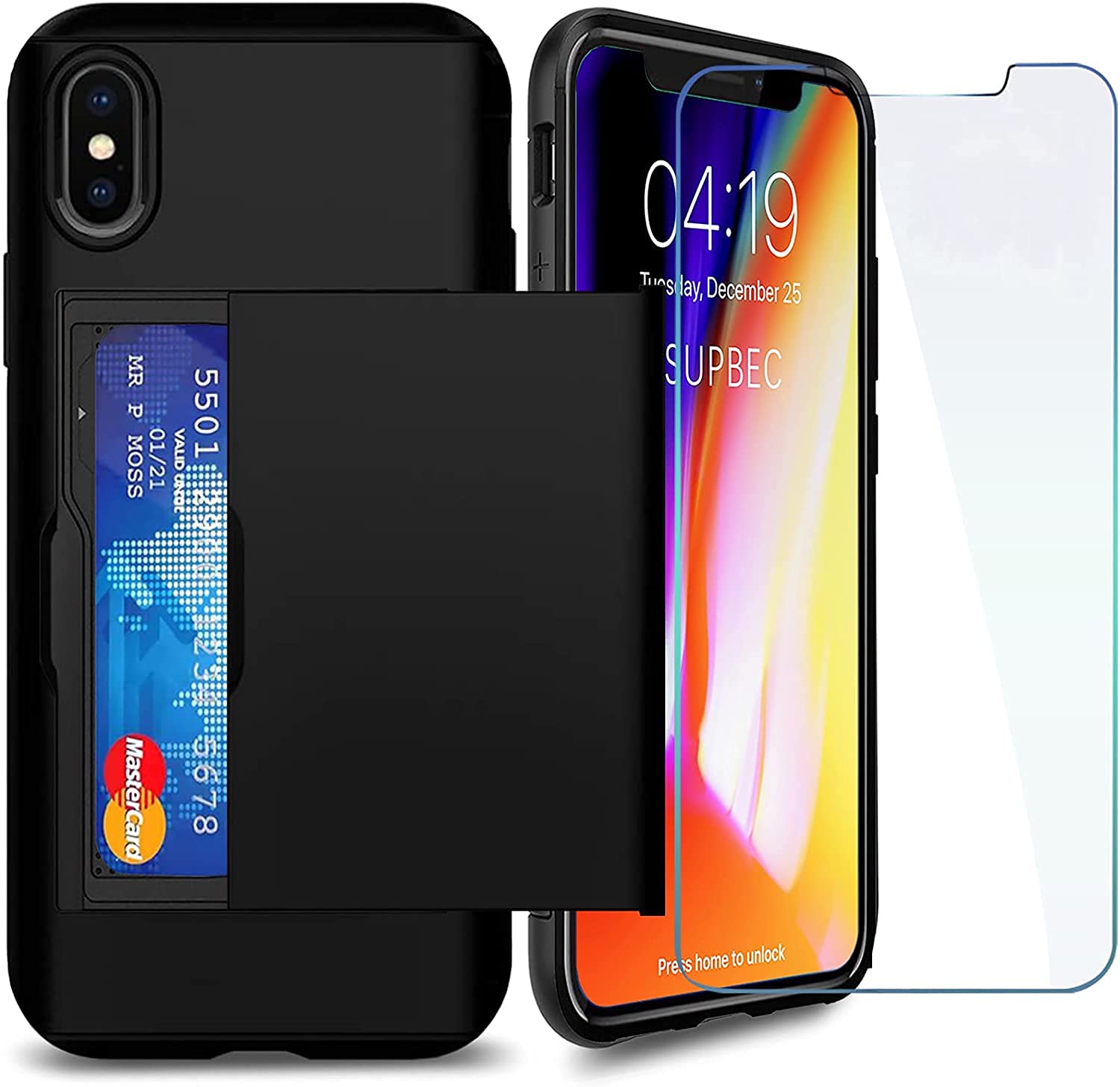 SUPBEC for iPhone X/XS Case with Card Holder and[ Screen Protector Tempered Glass x2Pack] X Wallet Case Cover with Shockproof Silicone TPU + Anti-Scratch Hard PC - Full Protective-5.8"-Black