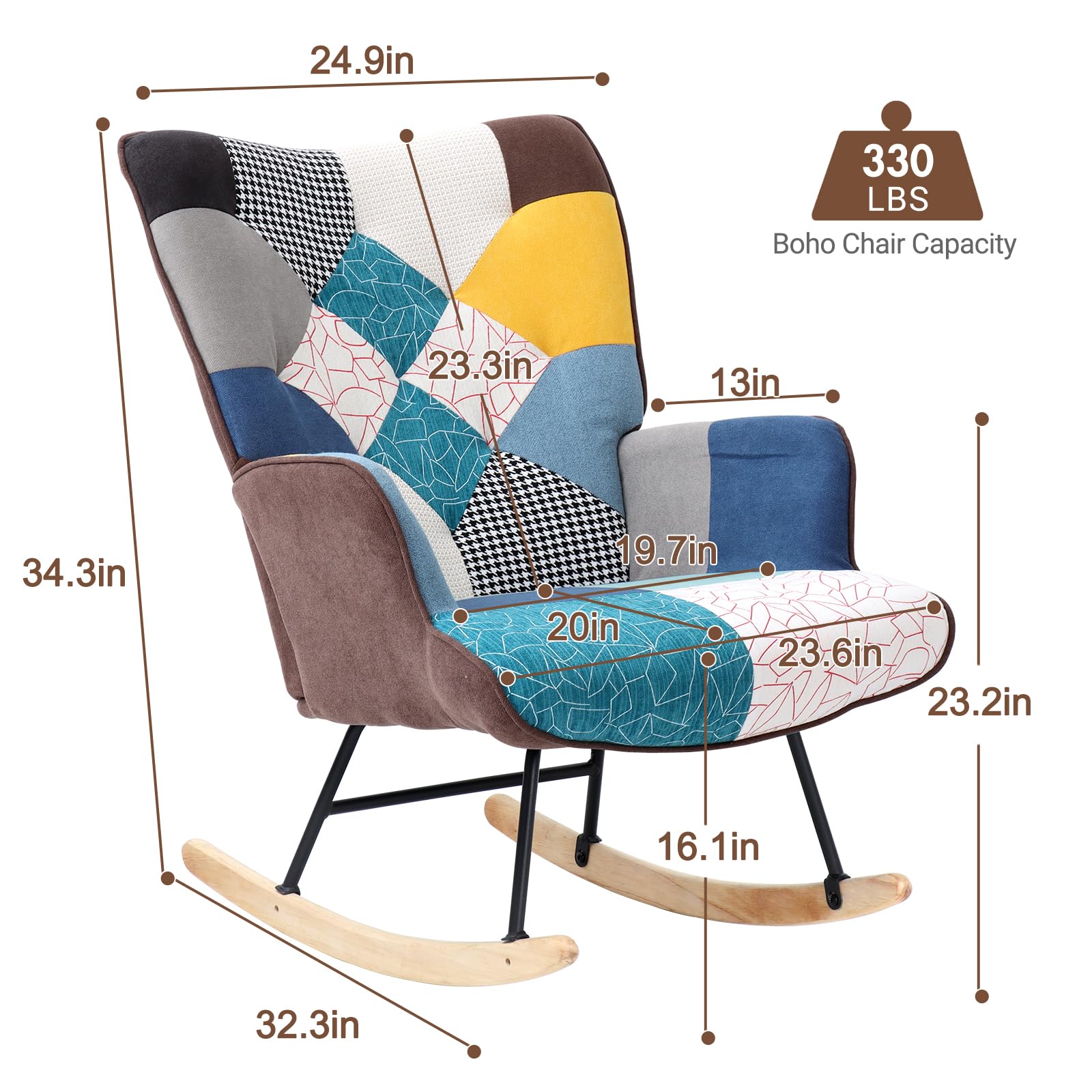 RichFire Rocking Chair, Tufted Upholstered Rocking Chair for Nursery, Comfy Wingback Glider Rocker with Safe Solid Wood Base for Living Room Bedroom Balcony (Patchwork A)