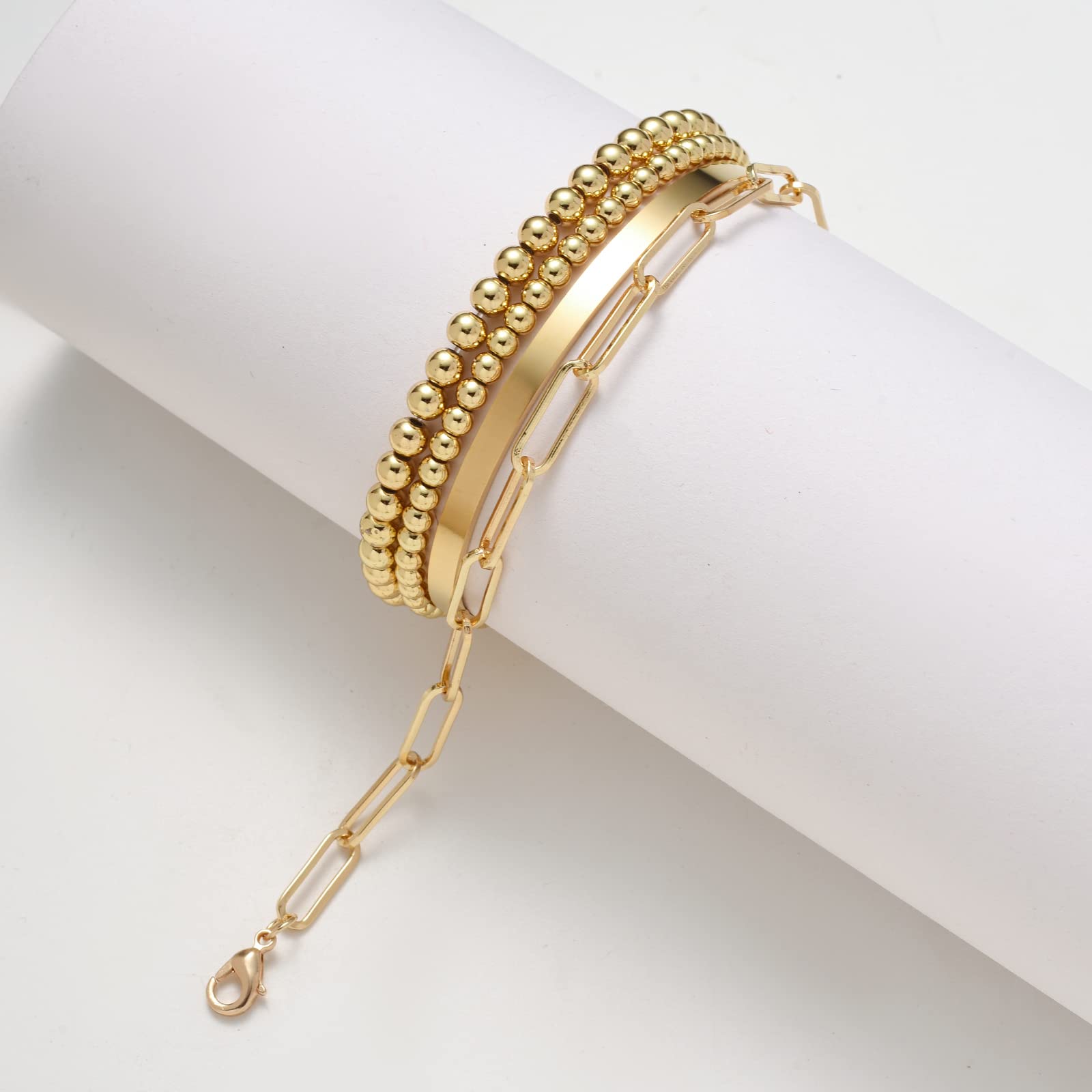 Starain Gold Beaded Bracelets for Women 18K Gold Plated Beaded Ball Stackable Stretch Bracelet Gold Cuff Bangle Set