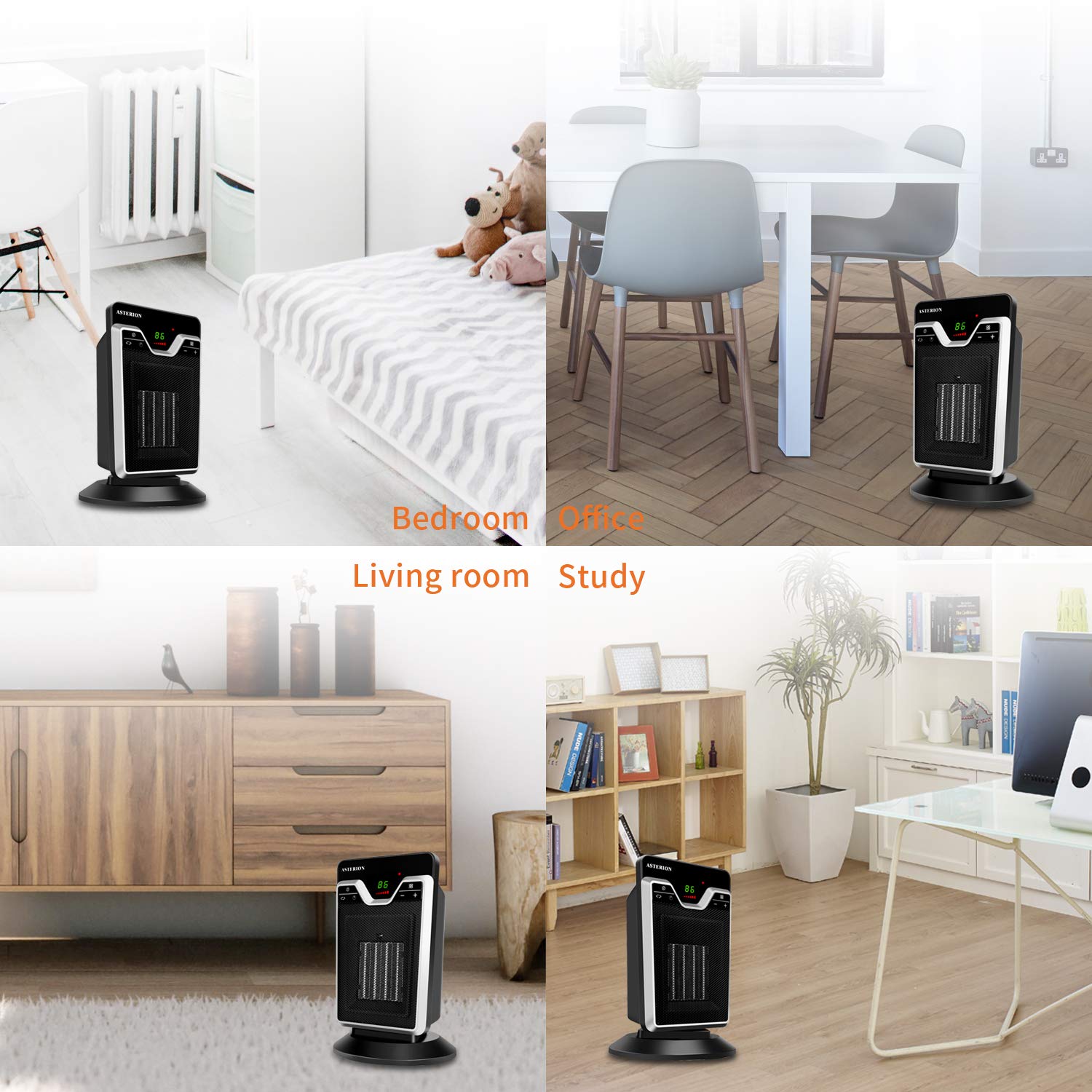 Space Heater for Indoor Use, ASTERION Portable Office Heater with Adjustable Thermostat, Ceramic Oscillating Heater with 24H Timer Remote Tip Over Overheating Protection for Home Bedroom, 1500W Black