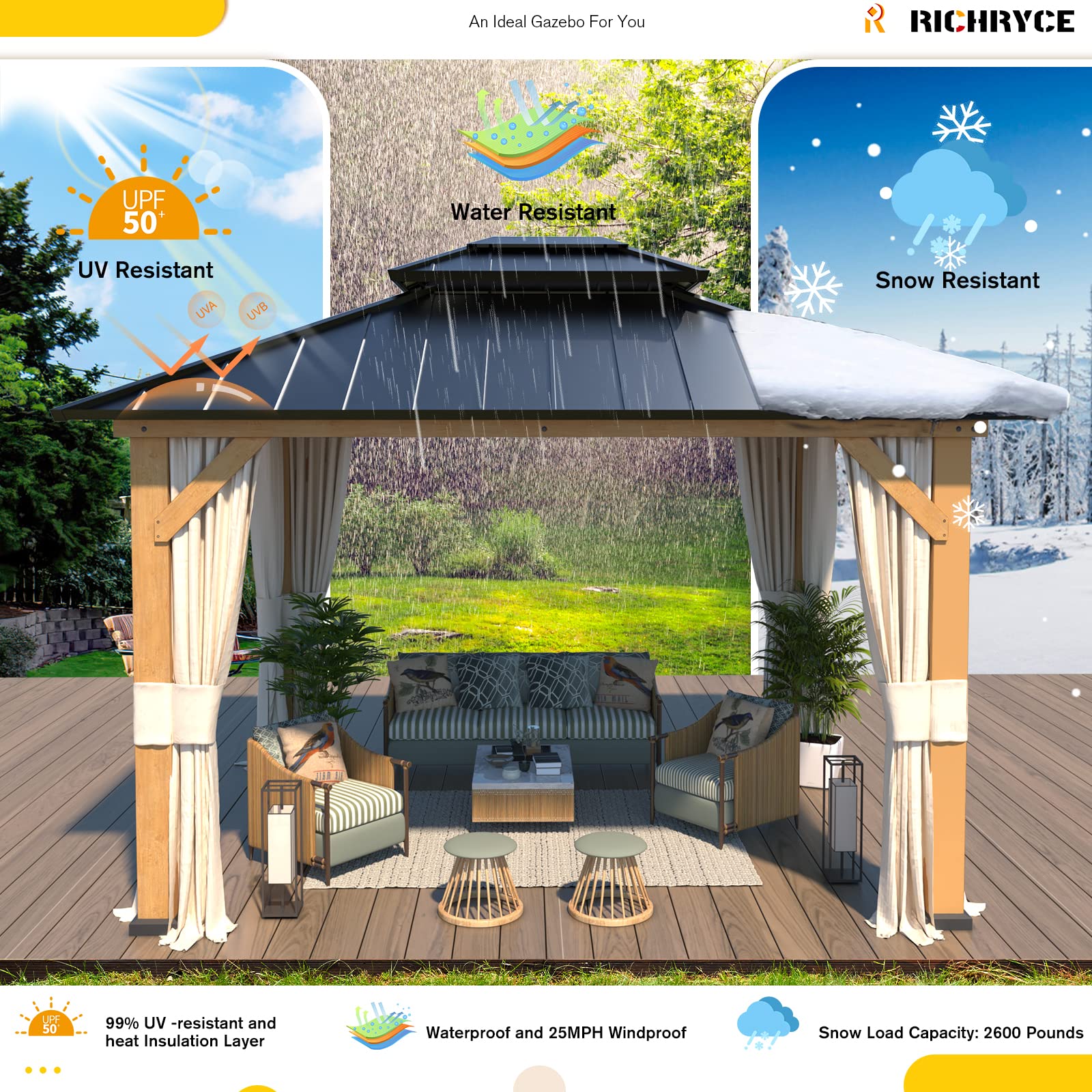 RICHRYCE 11' x 13' Solid Wood Gazebo, Hardtop Gazebo Plastic Sprayed Metal Roof Outdoor Gazebo Canopy Double Vented Roof Pergolas Wood Frame with Netting and Curtains for Garden, Patio, Lawns, Parties