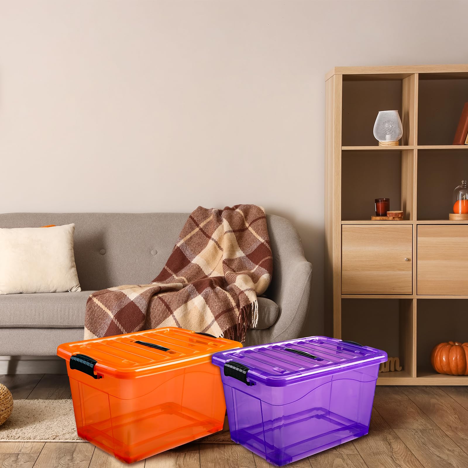 Sweetude 8 Pcs Halloween Plastic Storage Bin with Lids Purple Orange Clear Plastic Storage Totes Container 53 Qt Stackable Nestable Holiday Storage Box with Wheels and Latching Handles