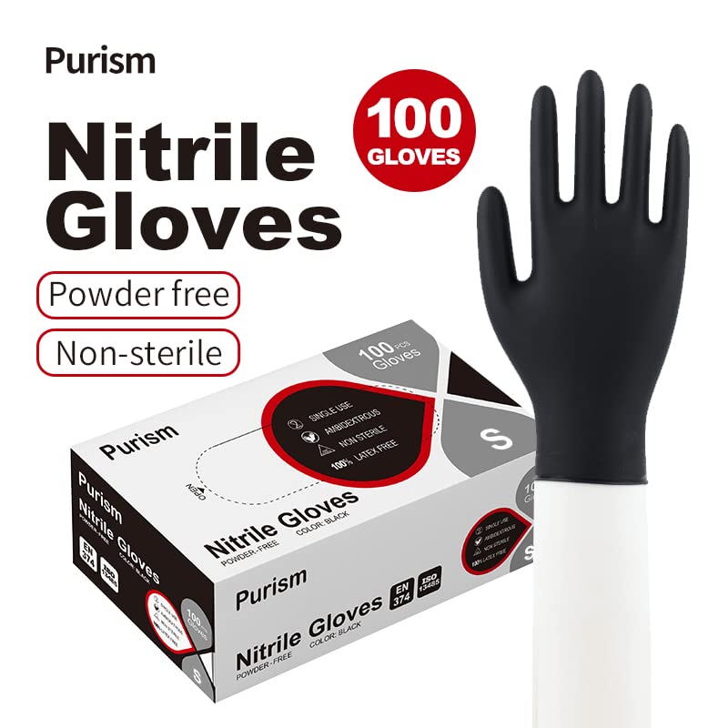 Purism Black Nitrile Gloves, 4mil, Size X-Large, 100 Pcs, Powder-free Latex free