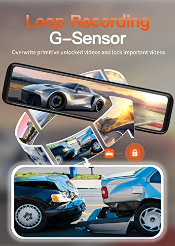 WOLFBOX 3 Channel Mirror Dash Cam 12" Full HD Touch Screen Backup Camera with Detached 1080P Front and Rear View Dual Recording Night Vision GPS Parking Assistance