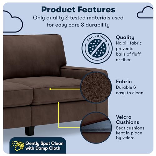 Serta Palisades Upholstered Sofas for Living Room Modern Design Couch, Straight Arms, Soft Fabric Upholstery, Tool-Free Assembly, 73" Sofa, Dark Brown