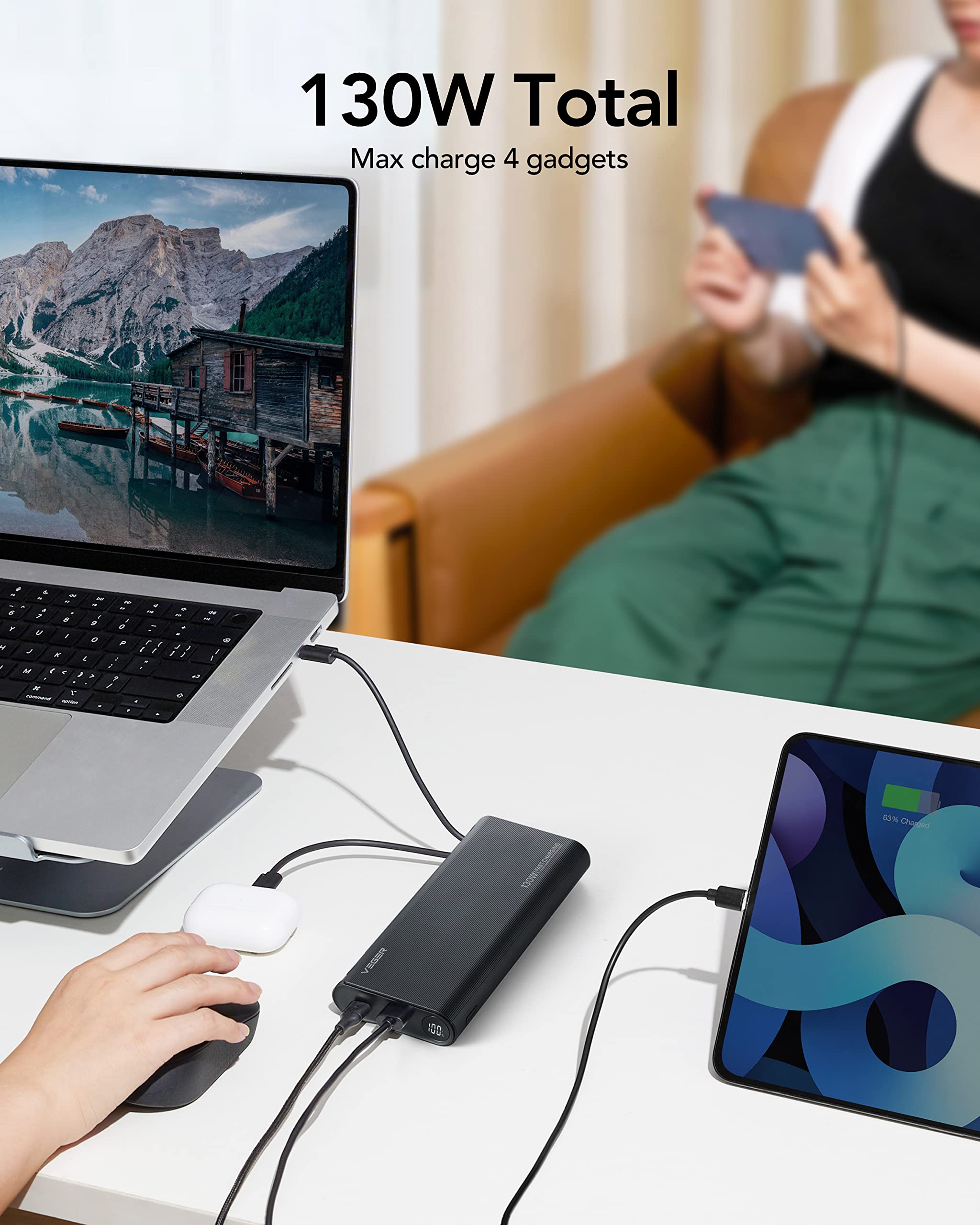 VEGER 25000mAh Portable Laptop Charger with Built-in Cables, Laptop Power Bank 100W PD/PPS Fast Charging Battery Pack (Total 130W) for MacBook Dell XPS iPad iPhone 14/13/12 Series, Samsung, More