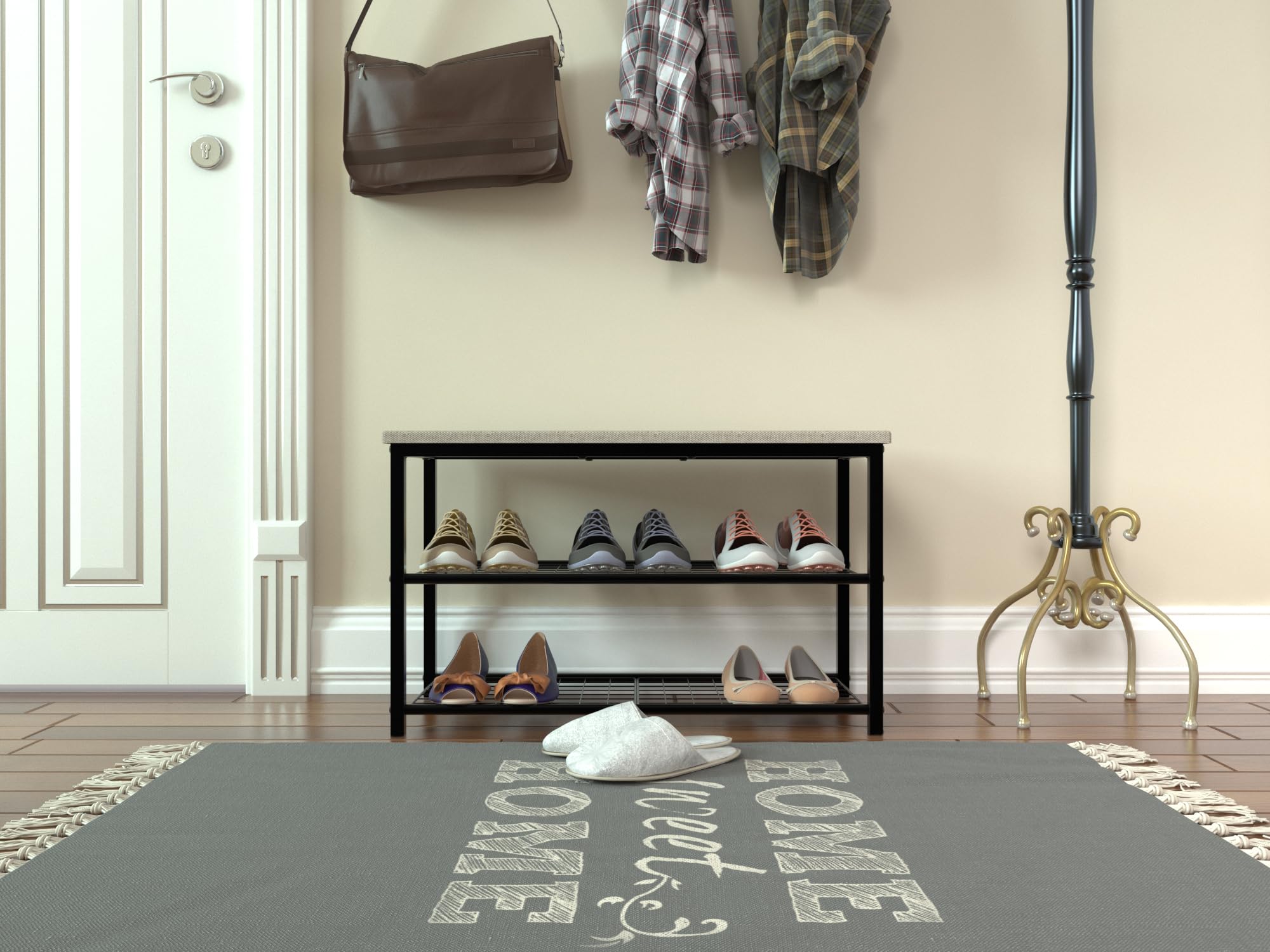 Rooflare Shoe Bench, 3 Tiers Shoe Rack for Entryway, Storage Organizer with Two Iron Shelf and top for Board, Shoe Shelf, Metal Steel Frame, Black, Durable