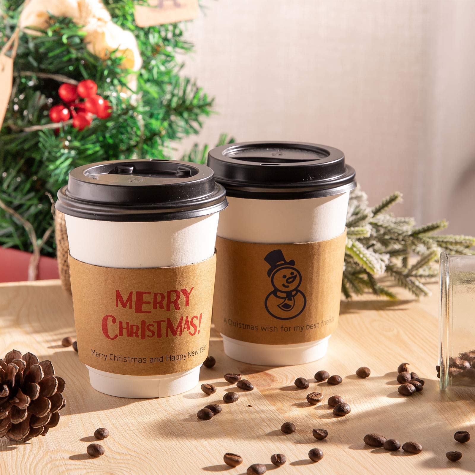 Whaline 60 Pack Christmas Coffee Cup Tea Cup Sleeves 6 Designs Kraft Paper Sleeves for 12 and 16oz Paper Cup Disposable Corrugated Cup Paper Jacket for Hot Chocolate Cocoa or Cold Beverage