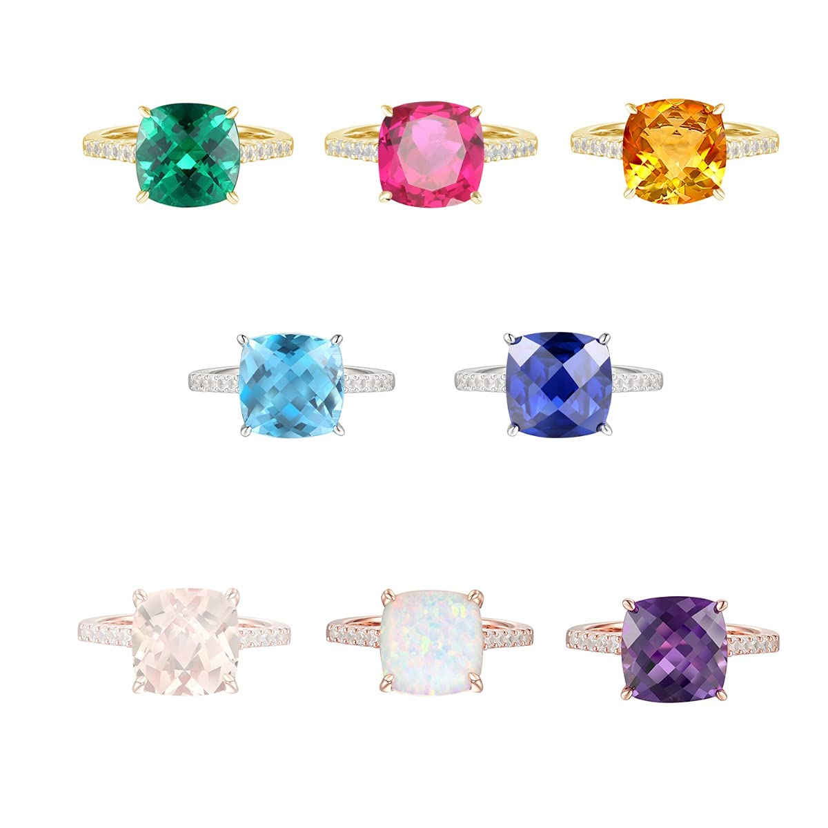 Tirafina 14K Yellow Gold over Sterling Silver 10mm Cushion Cut Solitaire Lab Created Emerald Ring with Lab Created Sapphire Sides