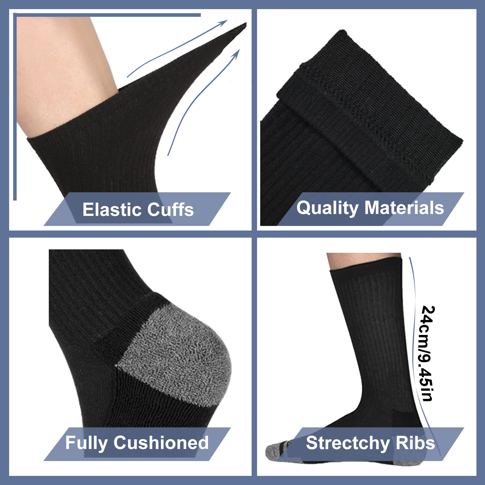 VWELL Mens Athletic Crew Socks, 8 Pairs Cotton Cushioned Moisture Control Work Boot Socks