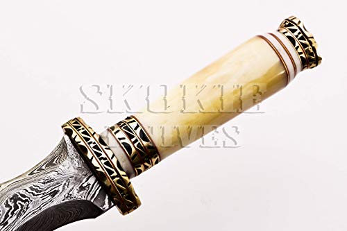 Skokie Knives HAND MADE DAMASCUS STEEL HUNTING DAGGER KNIFE WAVY BLADE WITH ORIGINAL CAMEL BONE