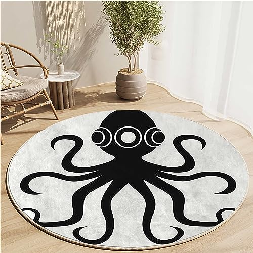 Round Chair Mats for Low Pile Octopus Office Rugs for Rolling Chairs White Black Non-Slip Floor Mats Office Rug Floor Protectors 4 FT