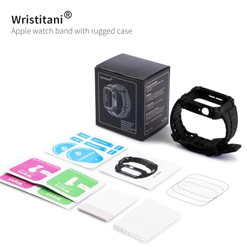 Wristitani Compatible with Rugged Apple Watch Band with Bumper Case 45mm for iWatch Series 9/8/7, Durable TPU Sport Strap with Full Coverage Screen Protector, 45mm Black