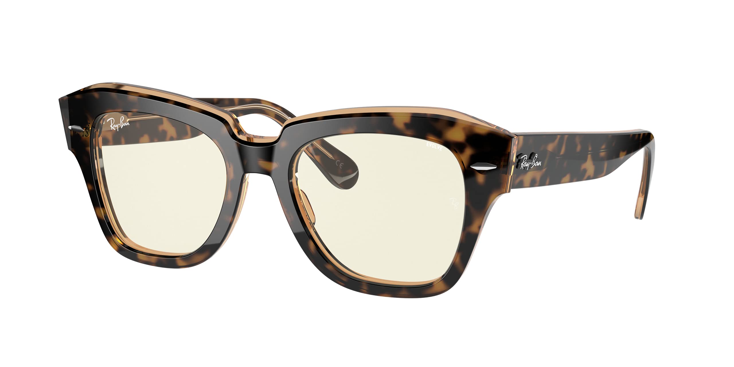 Ray-Ban Rb2186 State Street Polarized Square Glasses, Havana On Transparent Light Brown/Clear Grey Photochromic Blue Light Filter, 49 mm
