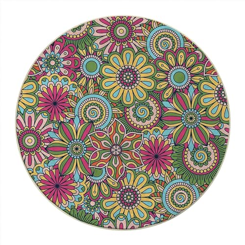 Round Desk Chair Mat Boho Floral Chair Mat for Plush Pile Carpets Green Non-Slip Floor Mats Office Rug Floor Protectors 4 FT
