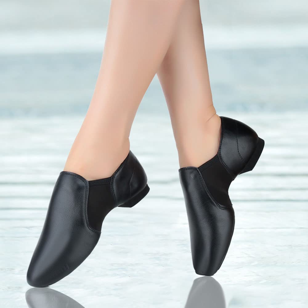 Women Leather Jazz Dance Dhoes Girls Dancing Ankle Boots Slip On Jazz Shoe(Black,US 7.5)