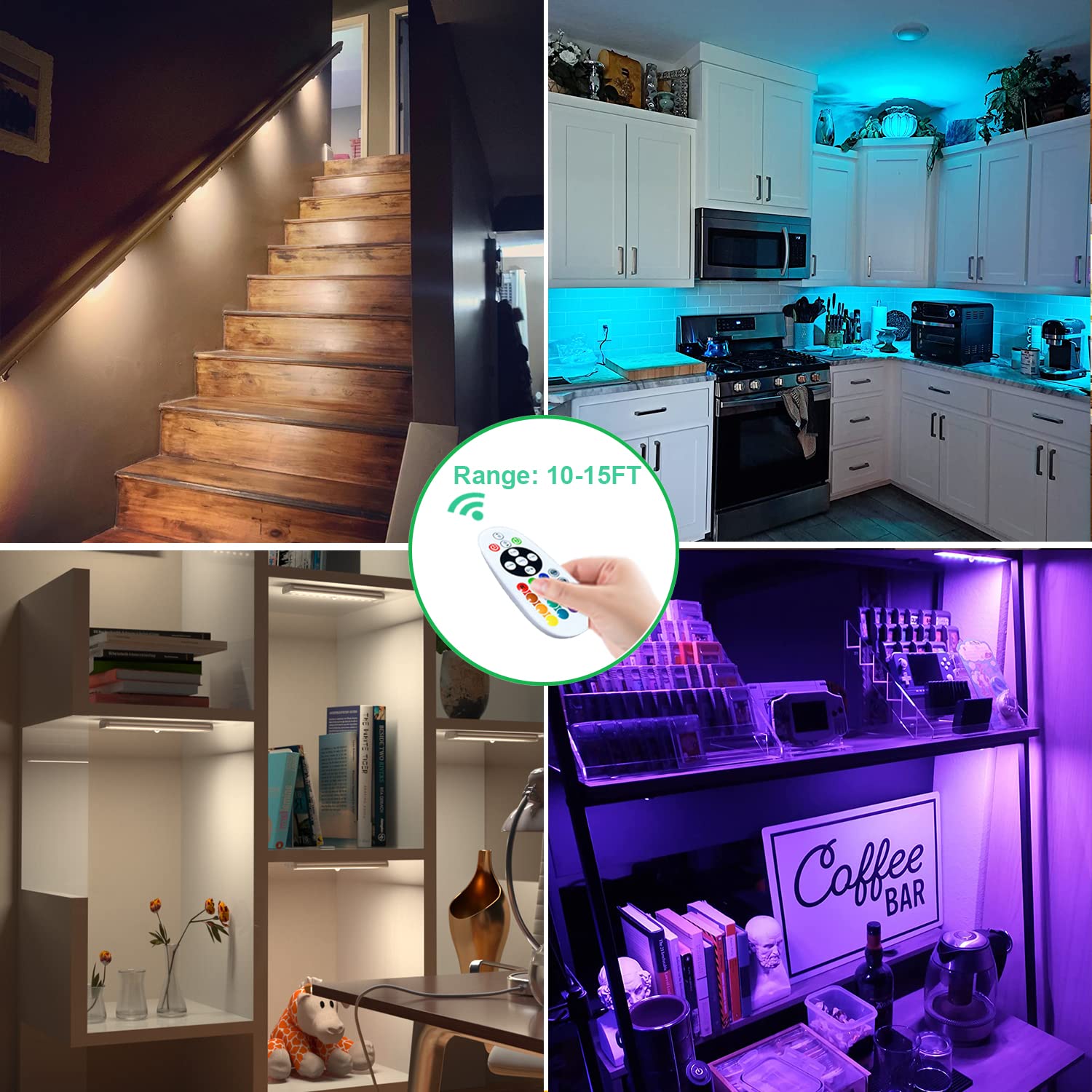Under Cabinet Lights Wireless, Dimmable 48 LED Closet Lights Rechargeable, Under Counter Lighting with Remote, 15 Color Changing Night Light RGB Bar for Home Shelf Kitchen Pantry Stair, 4 Pack