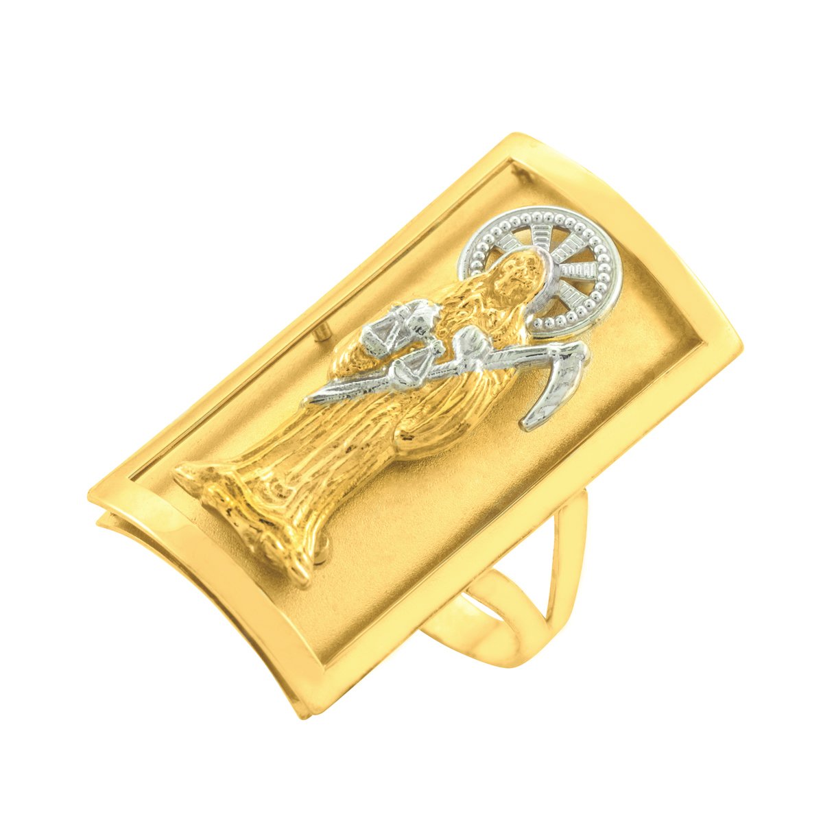 Religious Jewelry 14k Gold Long Santa Muerte Shield Ring (12.7 x 22.8 mm) (White-and-yellow-gold, 7)