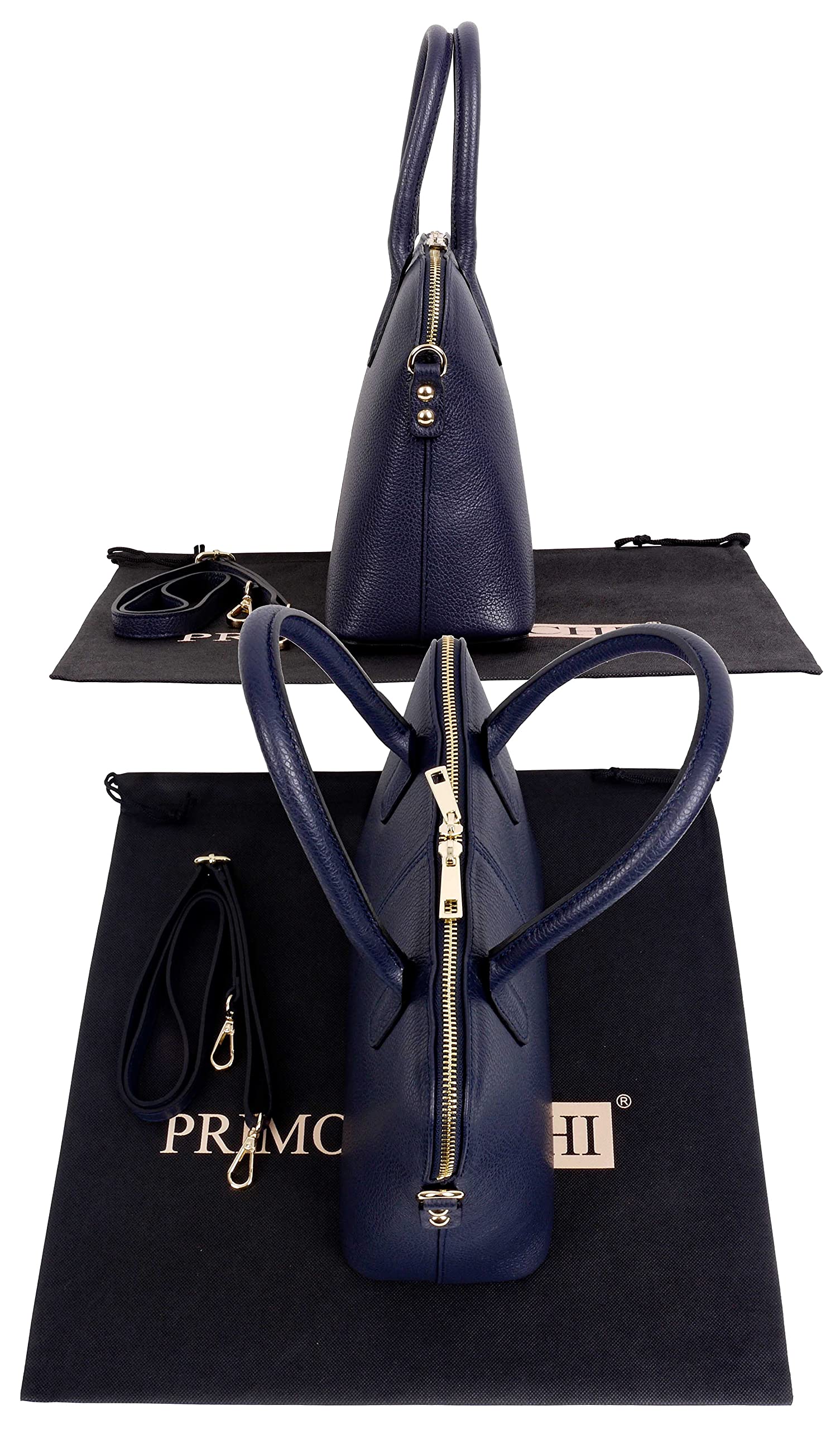 PRIMO SACCHI Italian Textured Navy Blue Leather Bowling Style Tote Grab Shoulder Bag Handbag Purse