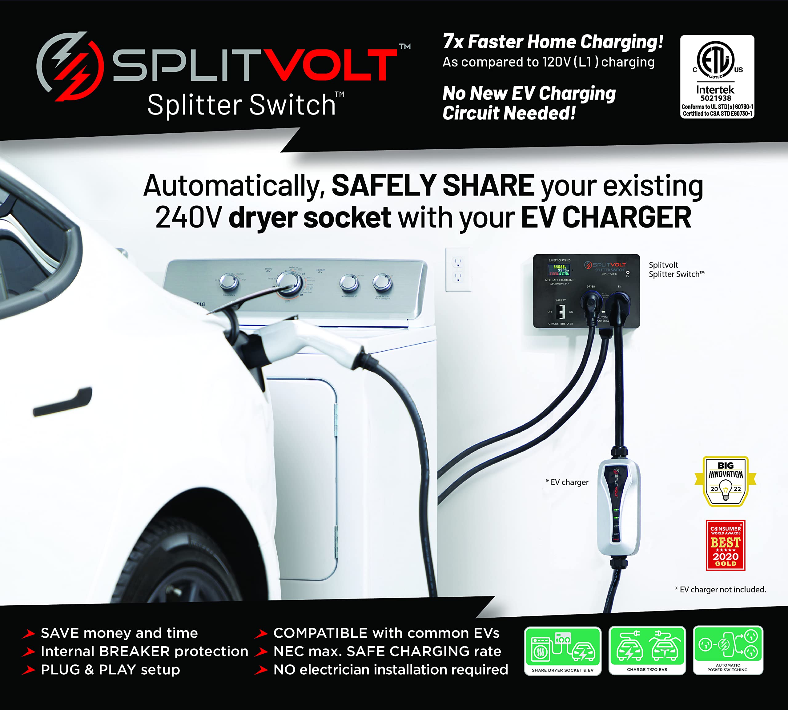 Splitvolt(NEMA 10-30, 240V, 24 Amp Splitter Switch - Save Thousands on Home Electric Vehicle Charging (EV) Install, cETLus Certified, Charge Two EVs, Plug and Play
