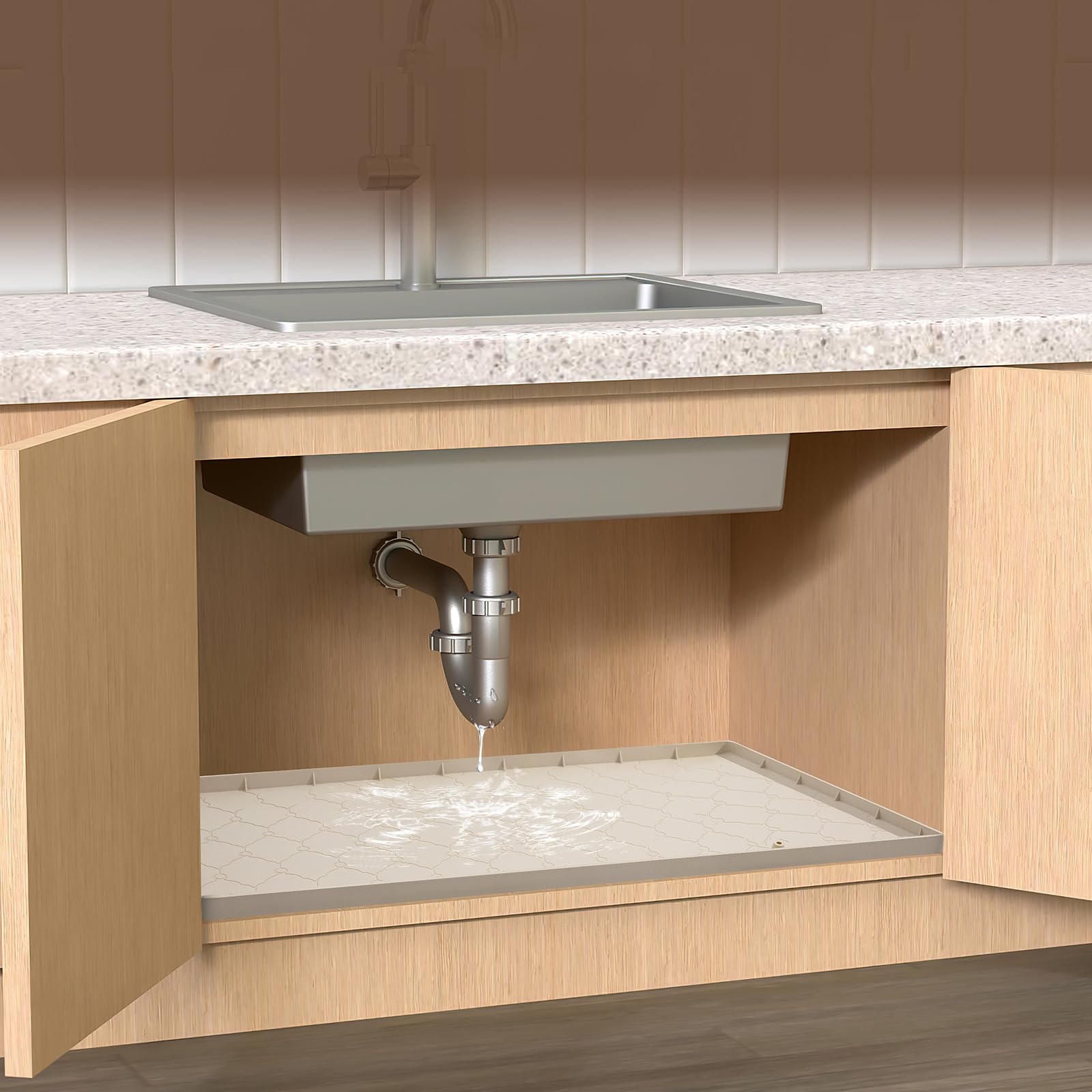 Under Sink Mat for Kitchen Waterproof, 34" x 22" Undersink Mats for Bottom of Bathroom Sink with Drain Hole, Waterproof Kitchen Bathroom Under Sink Tray and Protector for Drips Leaks Spills, Beige