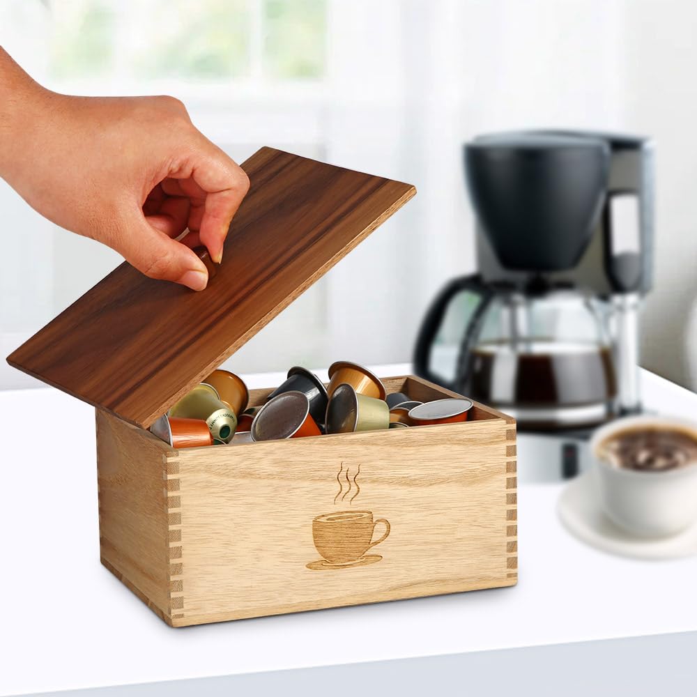 RiLiKar Wood Coffee Pod Holder Storage Box Organizer with Lid Large Capacity Coffee Station Organizer for Countertop Modern Coffee Storage Container Coffee Bar Accessories Organizer (Rectangle)
