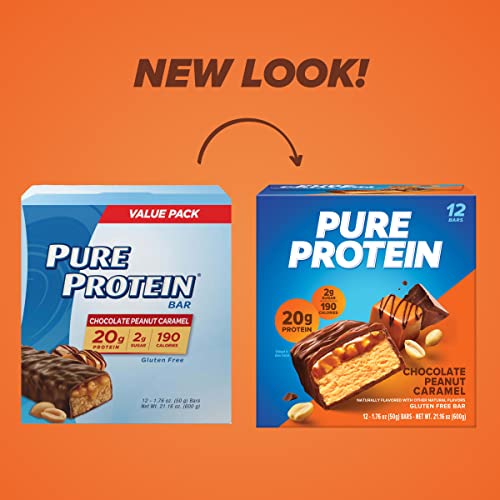 Pure Protein Bars, High Protein, Nutritious Snacks to Support Energy, Low Sugar, Gluten Free, Chocolate Peanut Caramel, 1.76oz, 12 Count (Pack of 1) (Packaging May Vary)