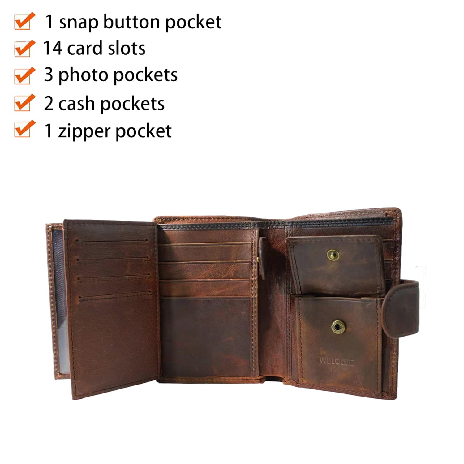 WULOUJIE Leather Wallet For Men, Travel Large Capacity Rfid Blocking Wallet, Bifold Wallets Can Be Hold Many Credit Card(coffee)