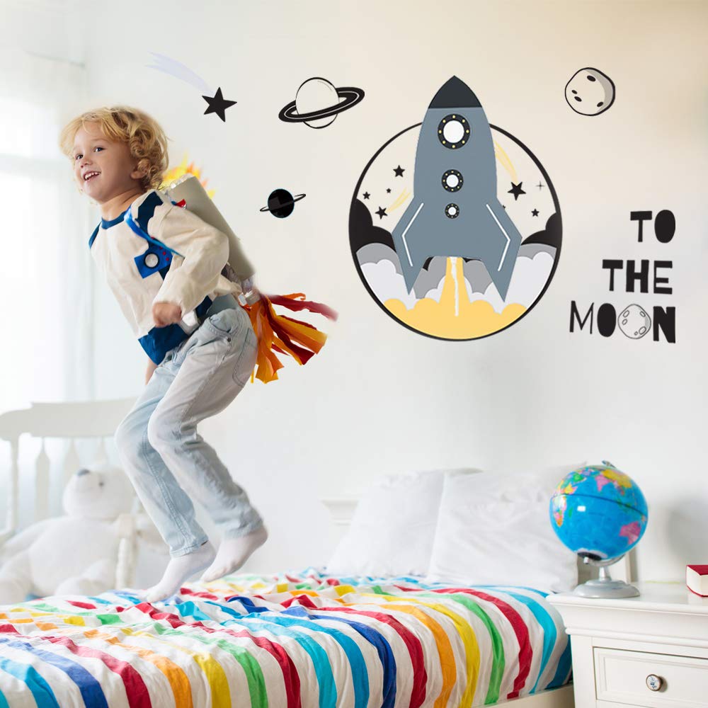 SMART WALLABY Wall Lamp & Decals Set for Kids. Spaceship Shaped LED Night Light Sconce + Space Theme Wall Stickers. Quick, Easy & Modular Nursery or Kids Room Décor Upgrade