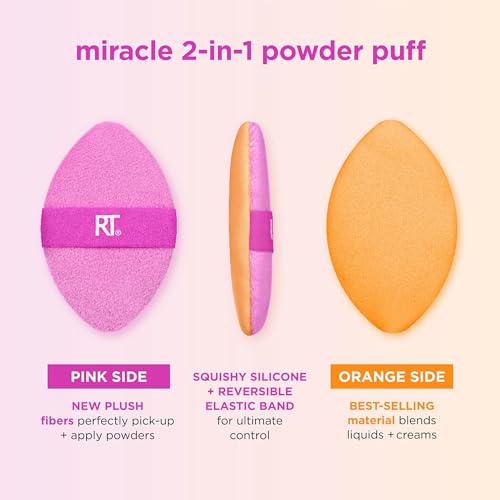 Real Techniques Miracle 2-In-1 Powder Puff, Dual-Sided, Full-Size Makeup Blending Puff, Reversible Elastic Band, Precision Tip Makeup Sponge & Powder Puff, For Liquid, Cream & Powder, 1 Count