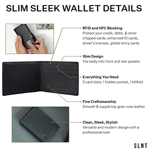 SLNT Napa Leather RFID & NFC Signal Blocking Slim Wallet - Secure Your Information, Prevent Hacking & Identity Theft - 4 Card Slots & Center Money Pocket - Sleek Profile, Great for Travel (Jet Black)