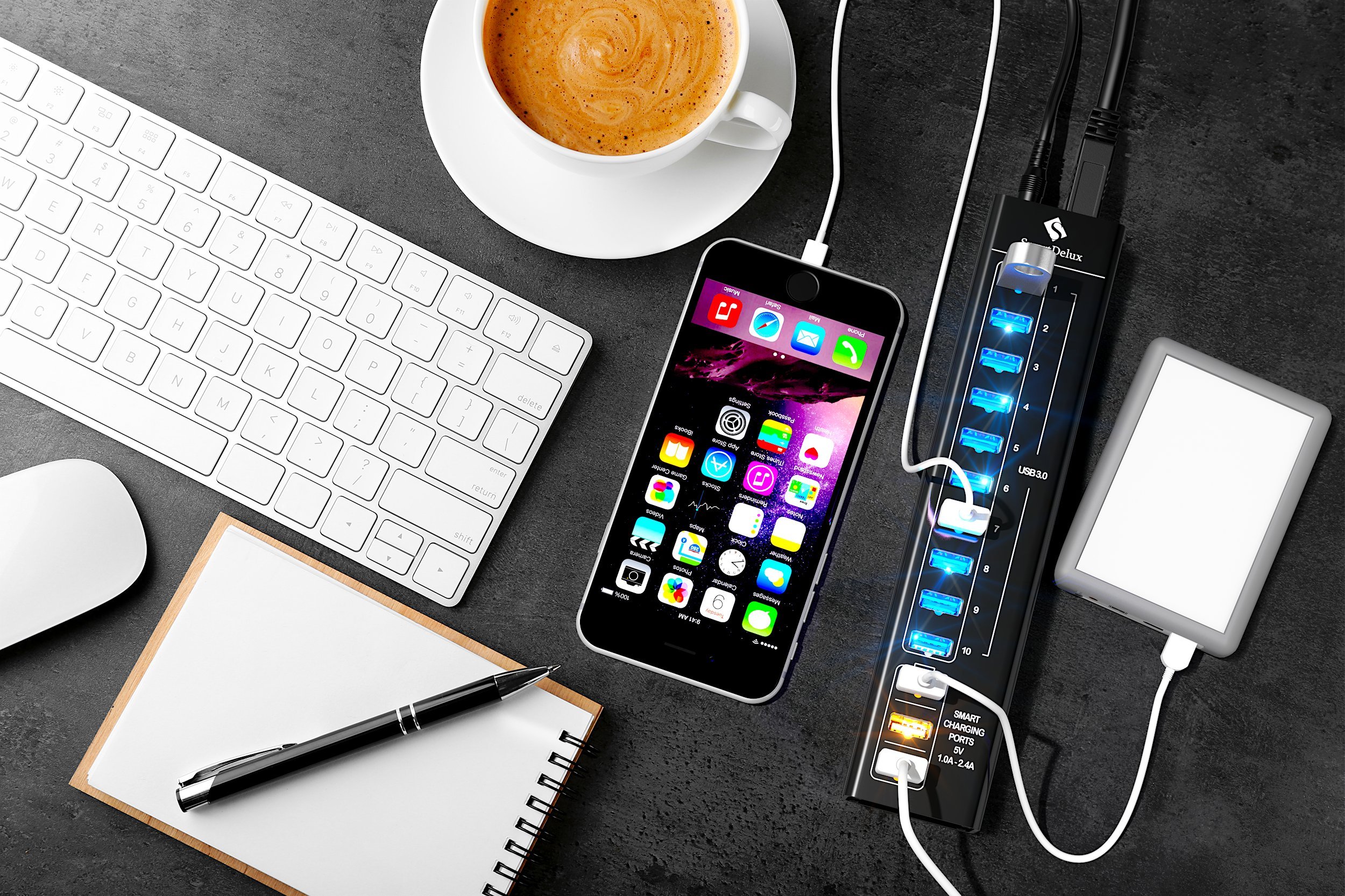 SmartDelux Powered USB Hub - USB 3.0 Ports Hub with 3 Smart Charging Ports, Power Adapter, Long Cord, LEDs (13-Port USB Hub)