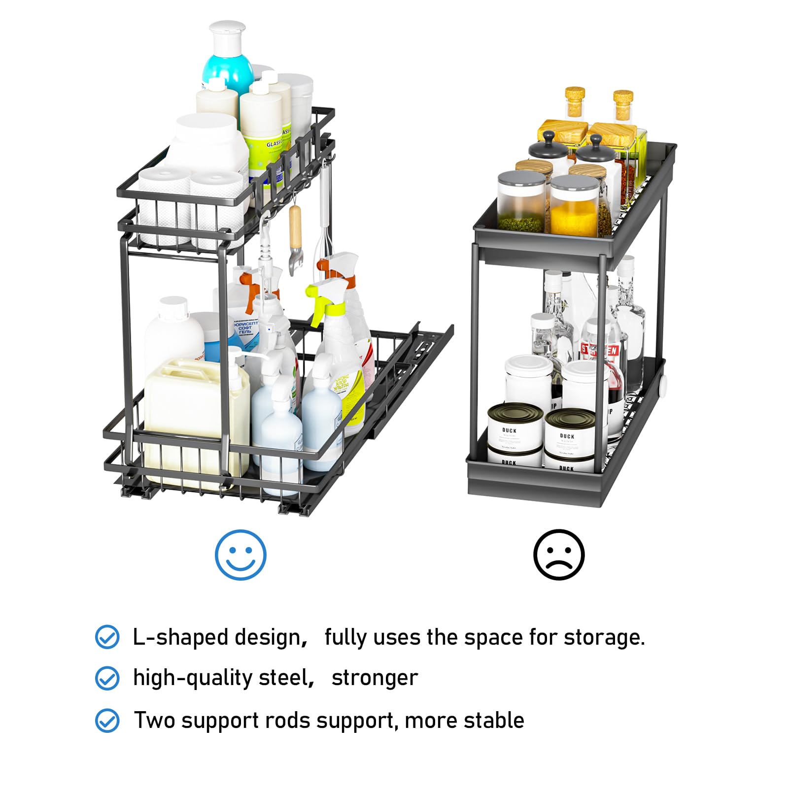 Under Sink Organizers and Storage, MEGAGURU 2-Tier L-Shape Heavy Duty Metal Pull Out Cabinet Organizer for Under Sink Organizer, Multi-Purpose for Under Kitchen Bathroom Sink Organizers and Storage