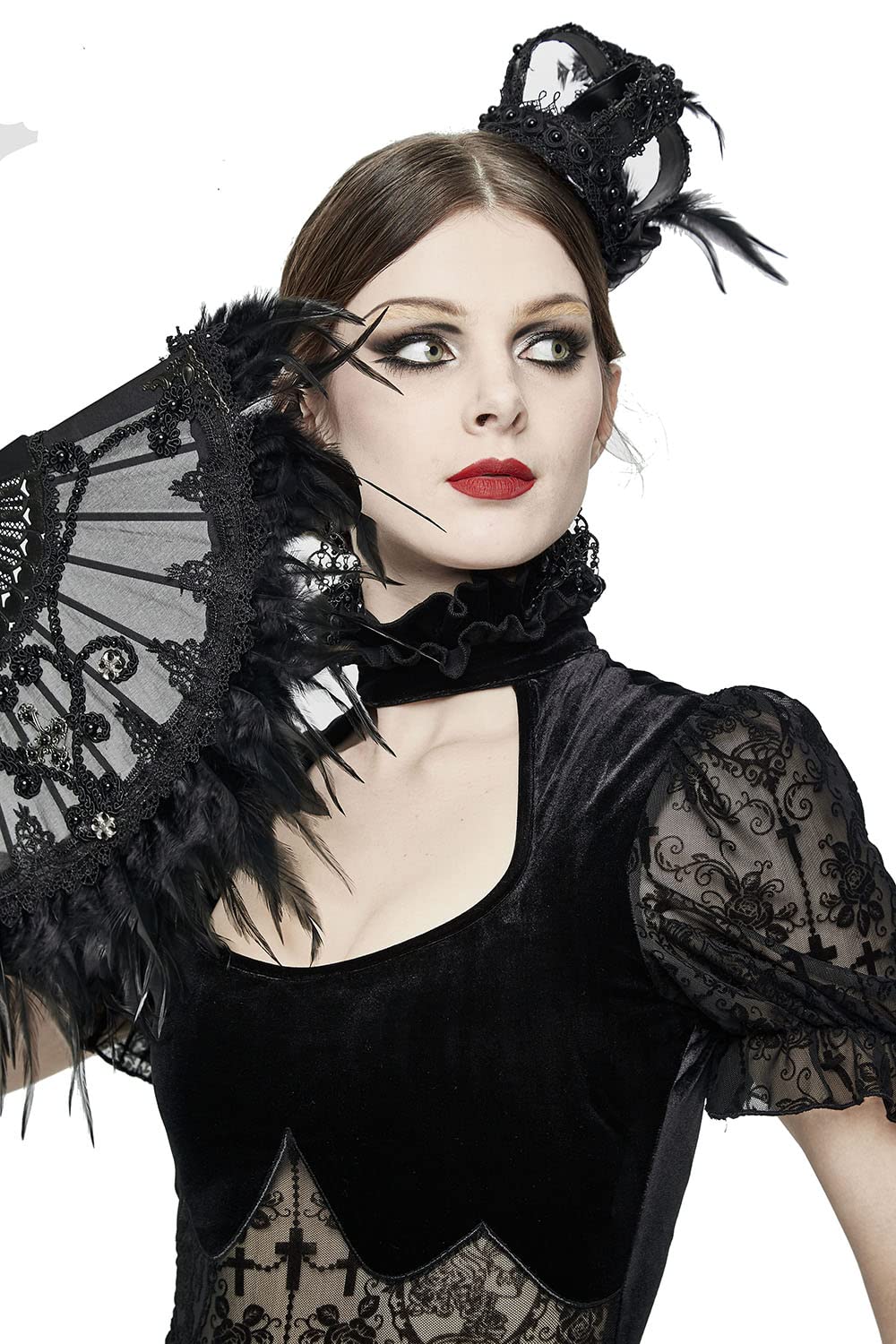Women Hand-Cranked Webbing Gothic Feather Fan Vintage Handheld Folding Hand Fan for Costume Party Dancing Black