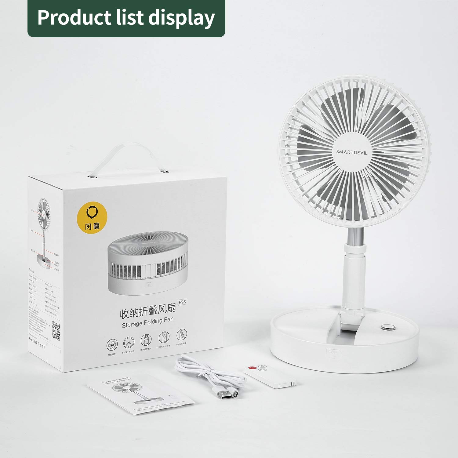 SmartDevil Stand Fan, 2-in-1 Multi-Purpose Folding Portable Telescopic Floor/USB Desk Fan with Remote Control, 4 Speeds Adjustable with 7200 mAh Battery, for Home, Office, Travel, Camping (White)