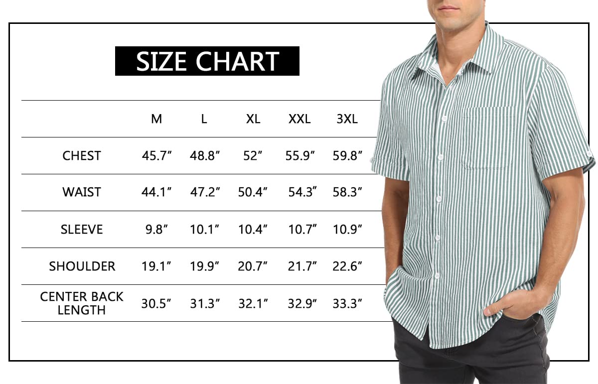 TUREFACE Green Shirt for Men Casual Button Down Short Sleeve Stripes Banded Collar Summer Shirt Lightweight Relaxed Fit