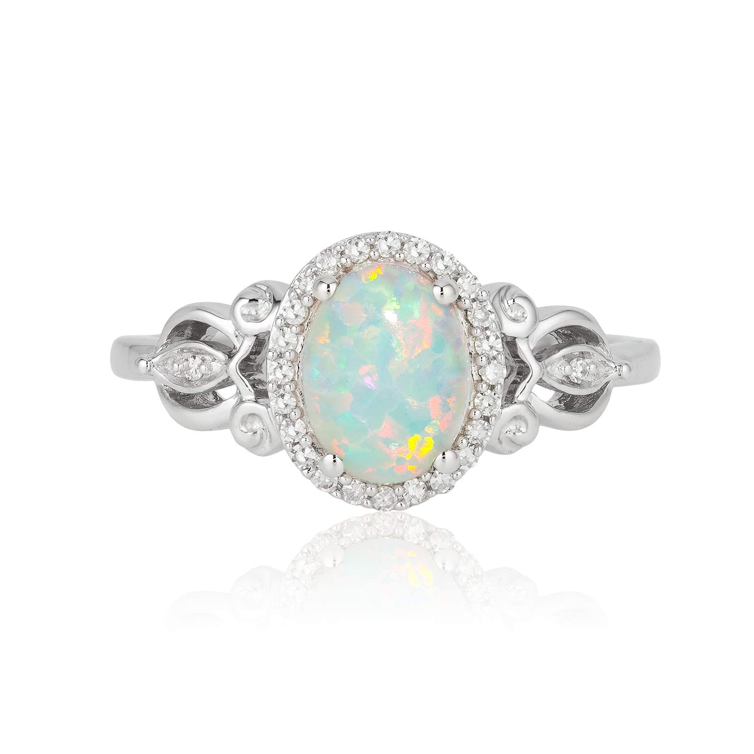 Jewelili Enchanted Disney Fine Jewelry Sterling Silver 8X6 MM Created Opal and 1/10 Cttw Natural White Round Diamond Cinderella Ring, Size 9