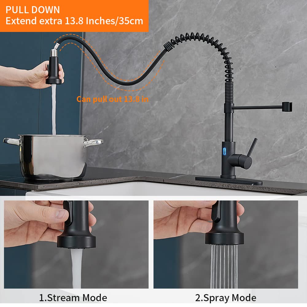 OWOFAN Touchless Kitchen Faucet with Pull Down Sprayer LED Light Single Handle Kitchen Sink Faucet Motion Sensor Smart Hands-Free, Stainless Steel Black 1078R