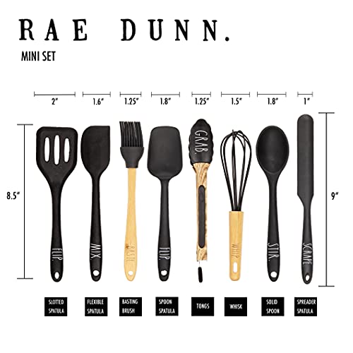 Rae Dunn Everyday Collection 8 Piece Mini Silicone Kitchen Utensil Set- Kitchen Tools with Beechwood Handles- by Cook with Color (Black)