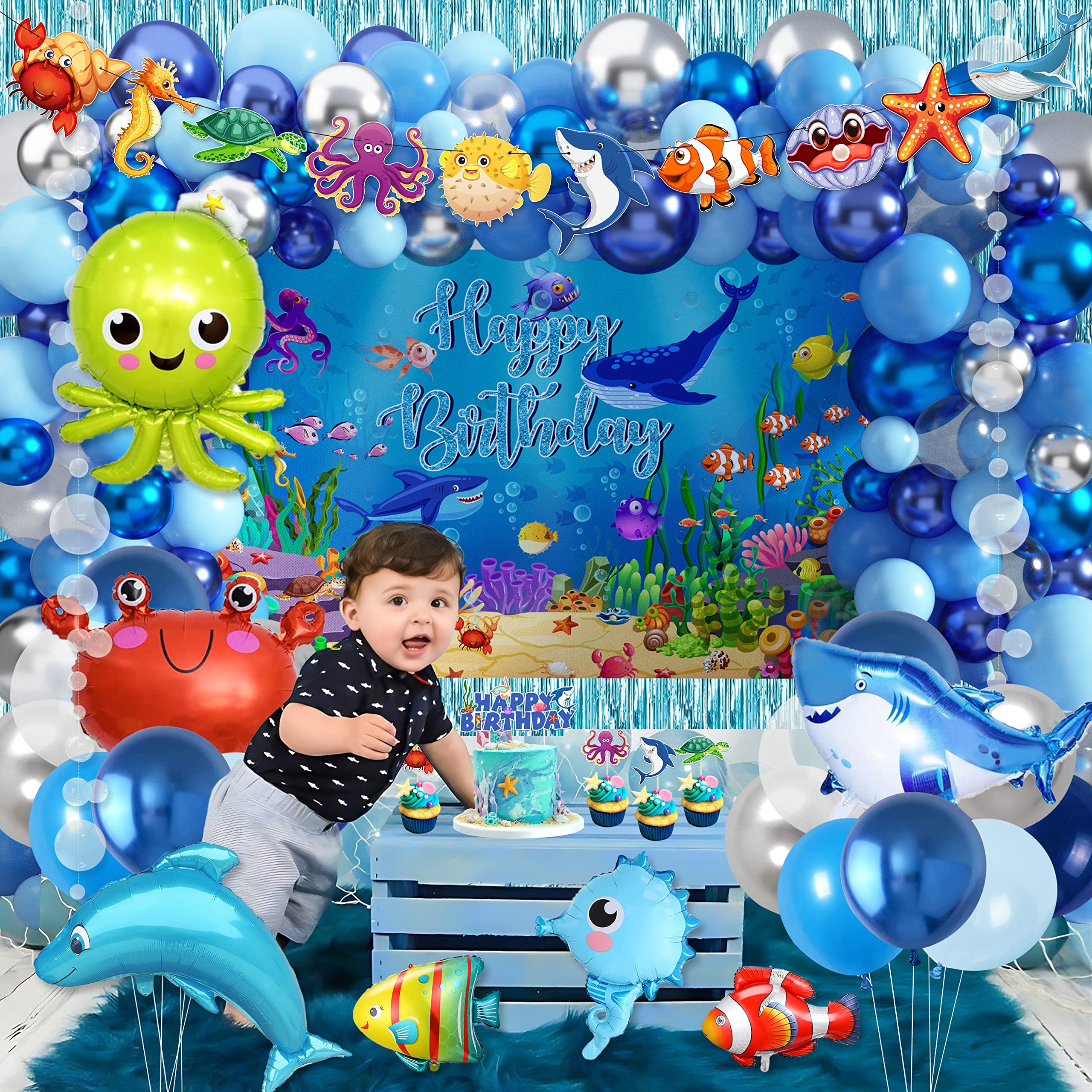 Under the Sea Party Decorations 98Pcs, Ocean Theme Birthday Party Supplies Include Backdrop Tablecloth Bubble Garlands Cake Topper Ocean Animals Balloons for Pool Beach Party Baby Shower (Ocean-01)