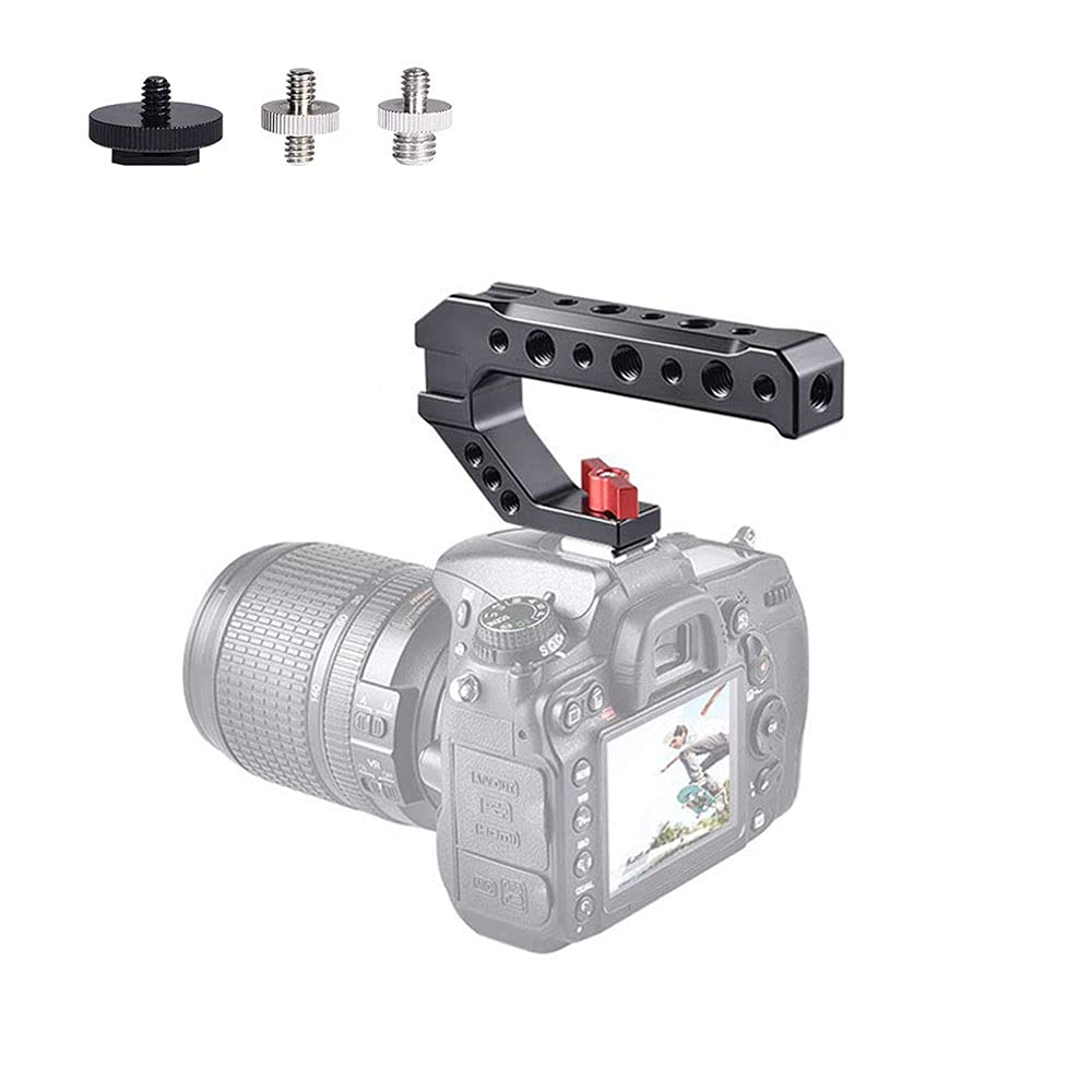 UTEBIT Camera Top Handle with 1/4" 3/8" Screw Thread, Universal Camera Hot Shoe Top Handle Grip with 3 Cold Shoe Adapters to Mount DSLR Camera with Microphone/LED Light/Monitor/Phone/Magic Arm