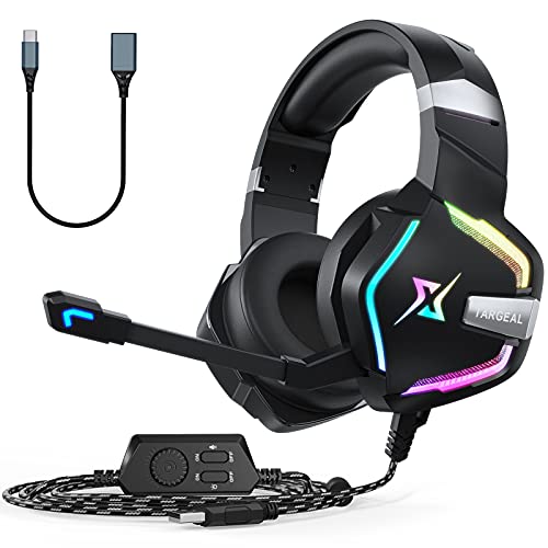 targeal Gaming Headset with Microphone for PC PS5 PS4 Switch Laptop Mac, USB Wired 7.1 Surround Sound Gaming Headphones with Omni-Directional Noise Canceling Mic, RGB LED, without Type C Cable