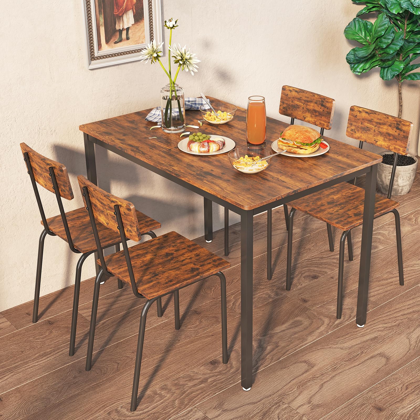 Rovibek 4 Chairs Dining Table Set for 4-8 Space Saving Kitchen Desk, 43", Bright Brown