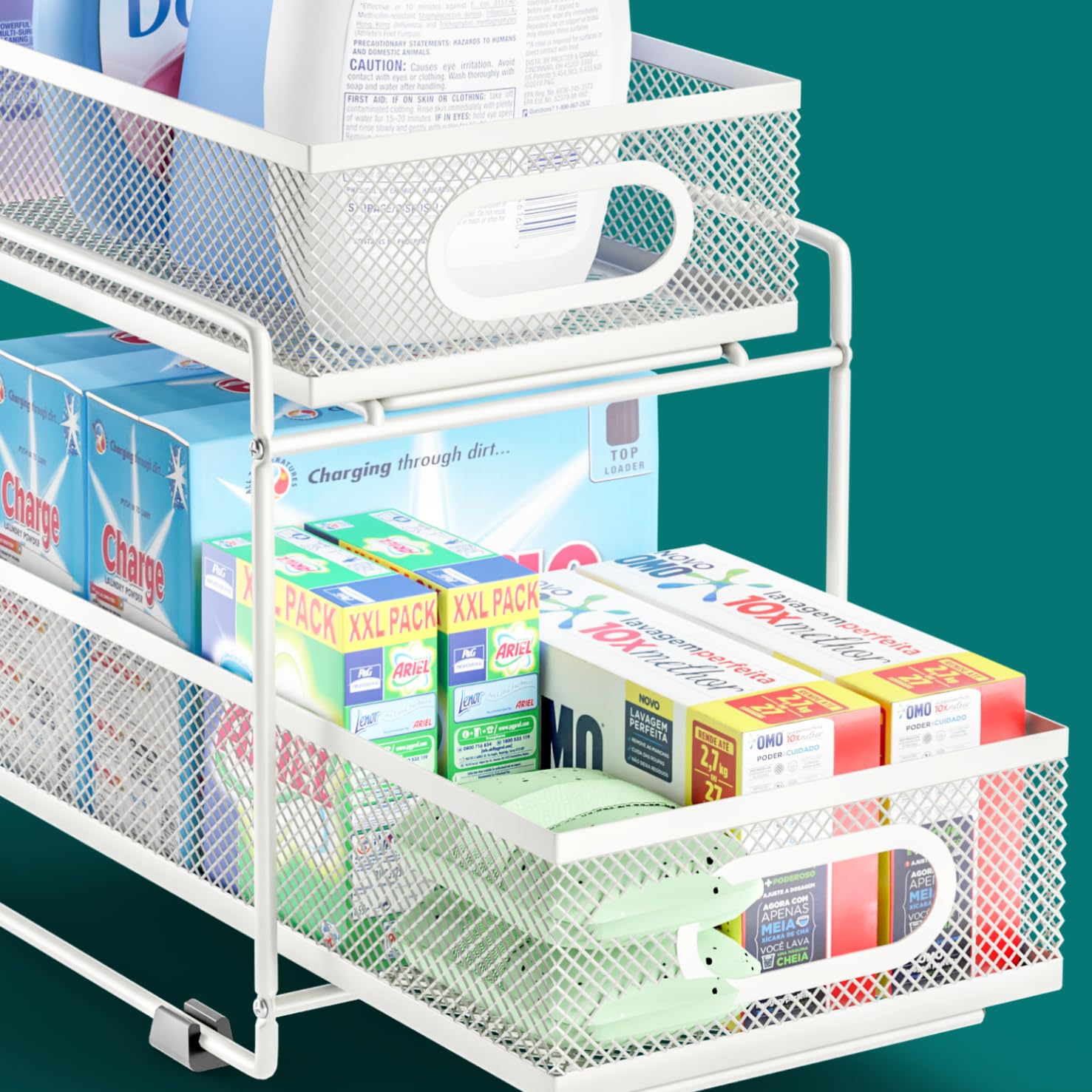 Wkokos 2 Tier Under the Sink Organizer Sliding Metal Basket, Adjustable Mesh Cabinet Storage Organizer -Ideal for Office, Kitchen, Bathroom, White