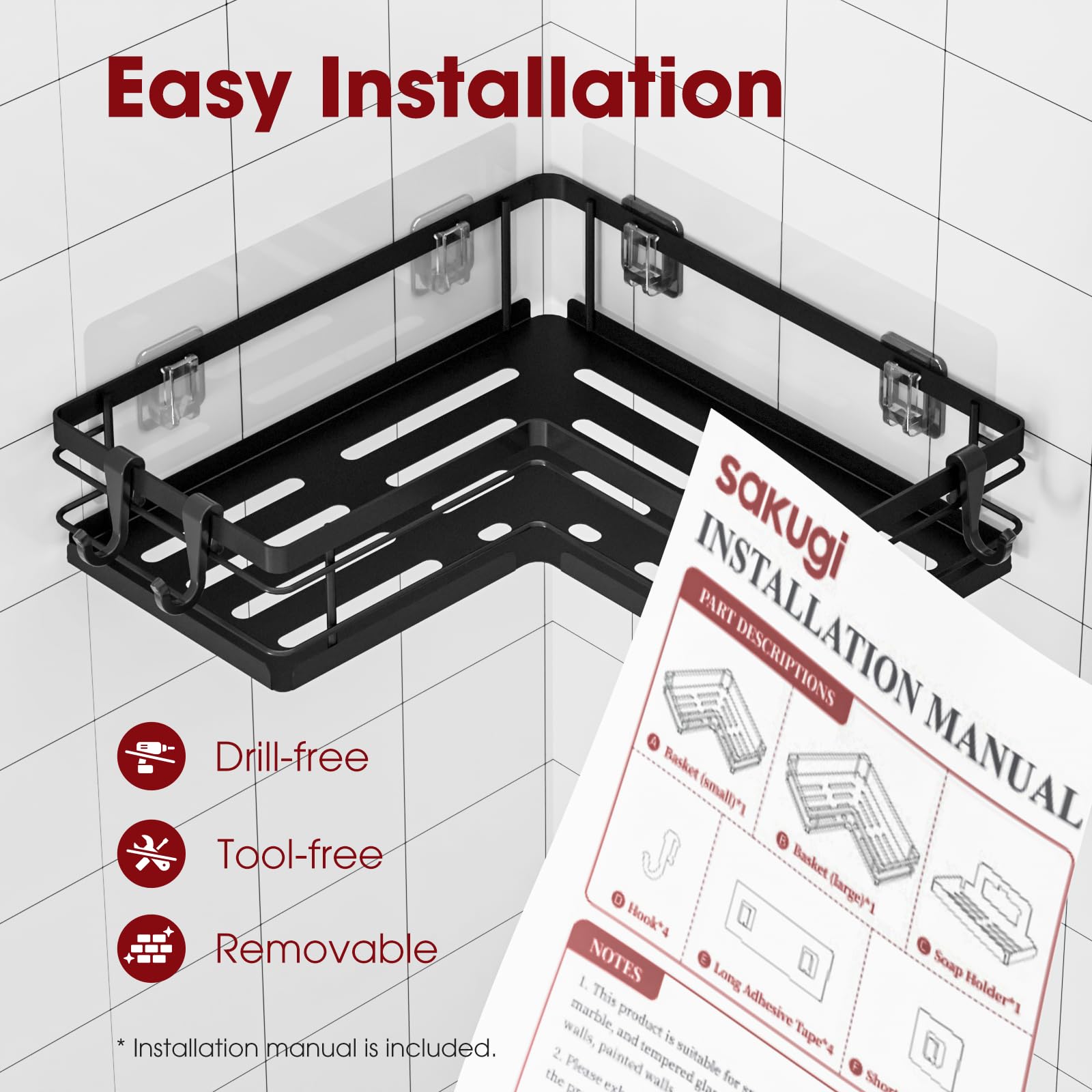 Sakugi Shower Caddy - 3 Piece Set, Corner Shower Shelves with Hooks & Soap Holder, Stainless Steel Shower Caddy for Corner, No Drilling Shower Shelf for Inside Shower, Shower Organizer, Black D
