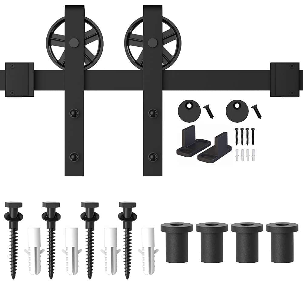 WINSOON 5FT Black Straight Design Sliding Roller Barn Single Wood Door Hardware Closet Track Kit with 30in x 84 in Sliding Barn Door