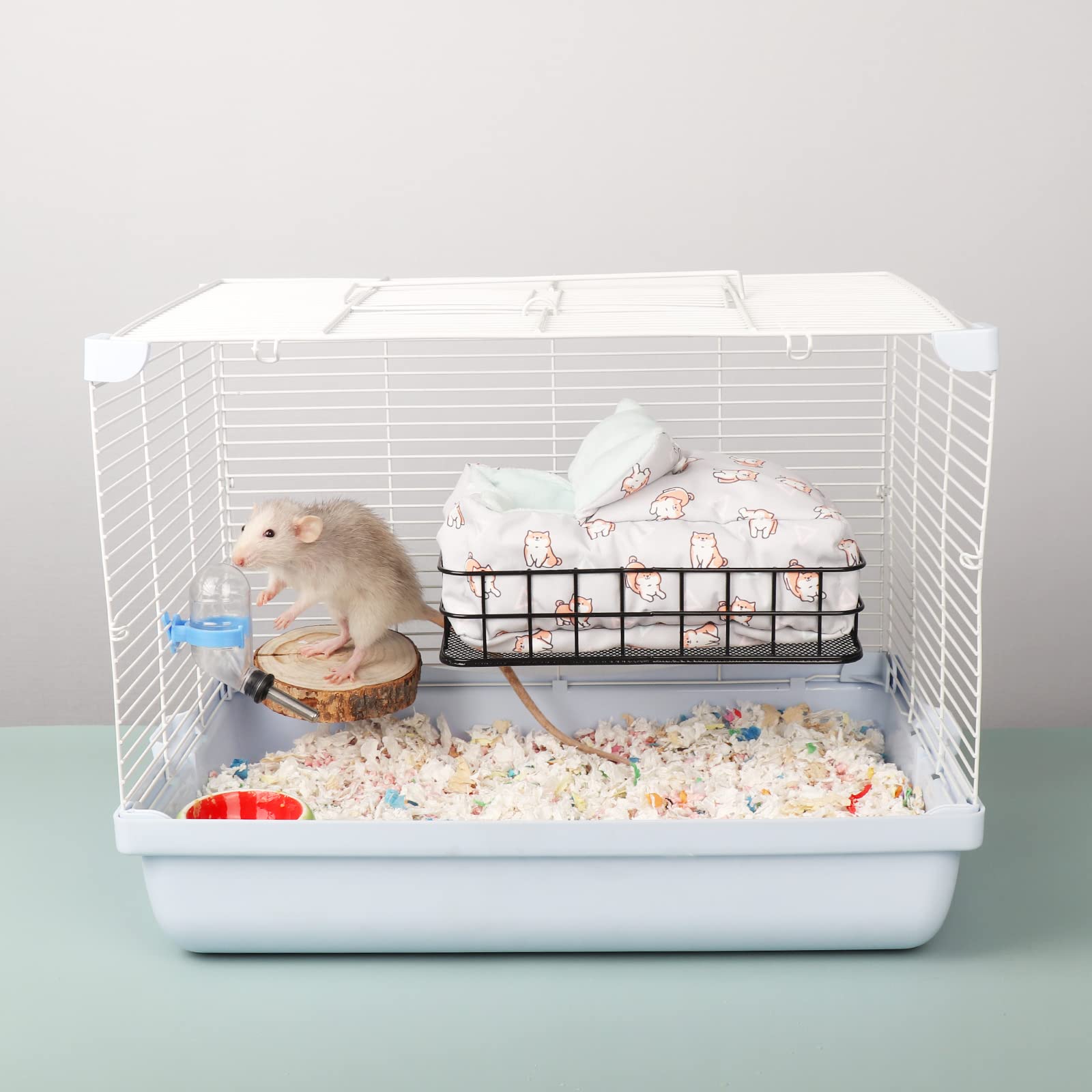 Small Animal Iron Bed Set, Rat Hanging Hammock Basket, Sugar Glider and Hamster Nest Cage Accessories Hideout for Small Pet (Black-Set)